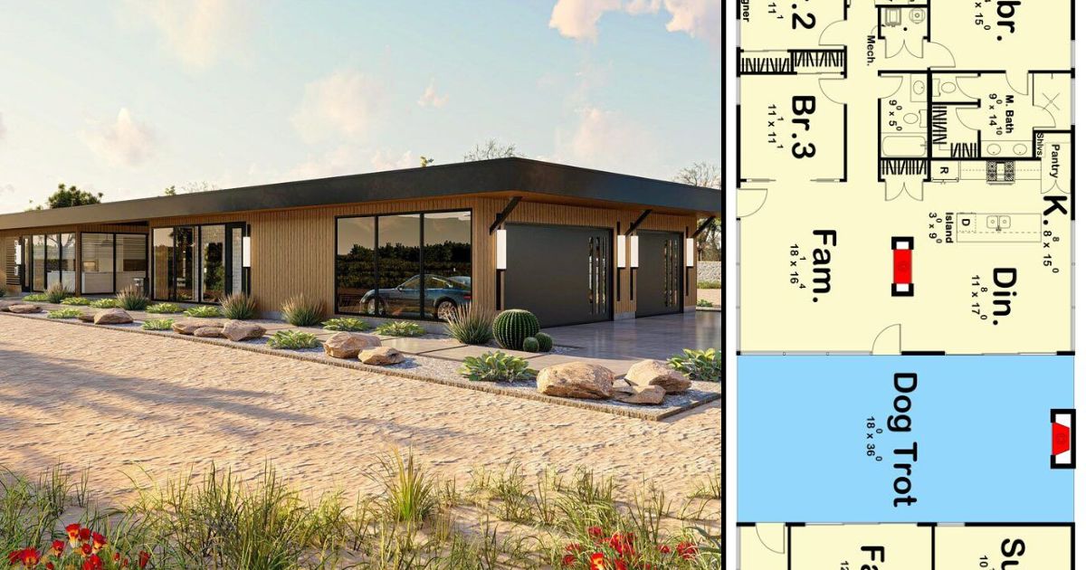 1-Story 4-Bedroom Mid-Century Modern Dogtrot House With Breezeway ...