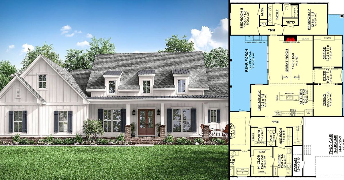 Modern-Style 4-Bedroom 2-Story Farmhouse with Three Dormers (Floor Plan)