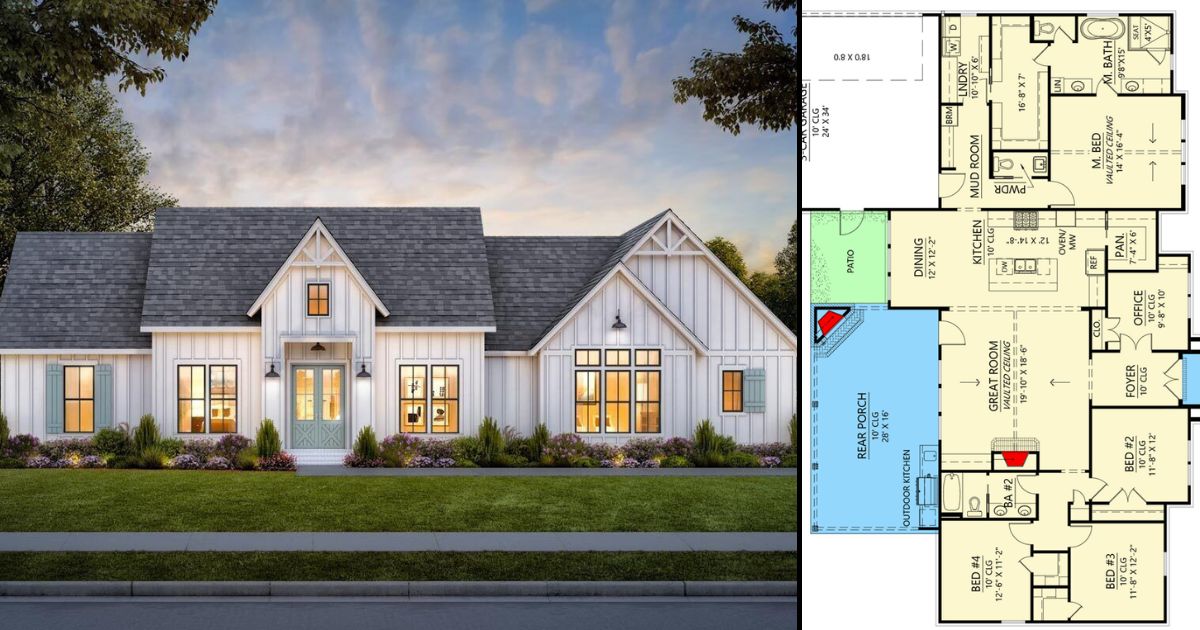 4-Bedroom Single-Story Modern Farmhouse With Outdoor Kitchen (Floor Plan)