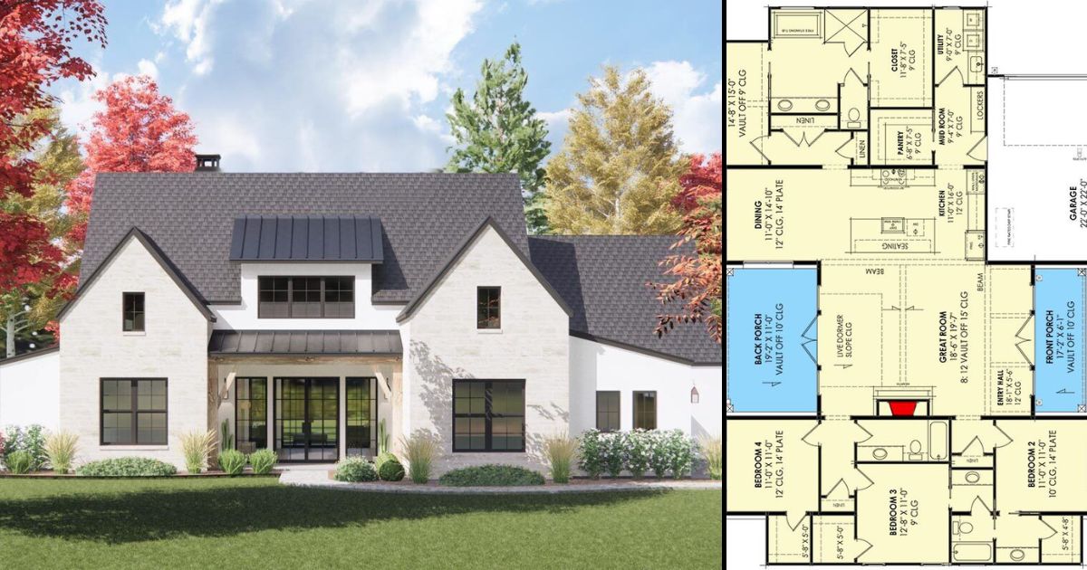 One-Story 4-Bedroom Transitional House With Central Living Space (Floor ... One-Story 4-Bedroom Transitional House With Central Living Space (Floor ...