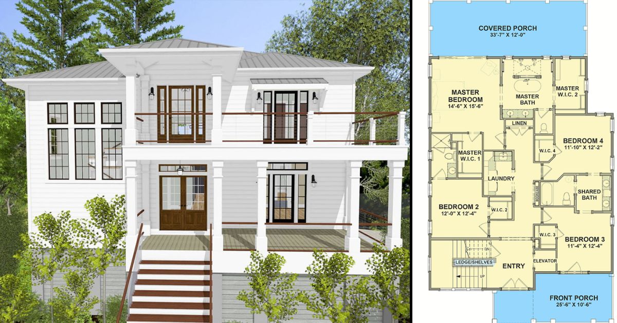 Low Country 5-Bedroom 2-Story House with Double-Decker Porches (Floor Plan)