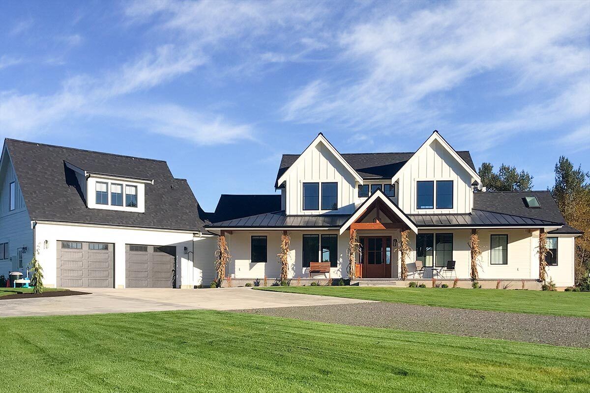 Modern 3-Bedroom 2-Story Farmhouse With Angled Garage (Floor Plan)