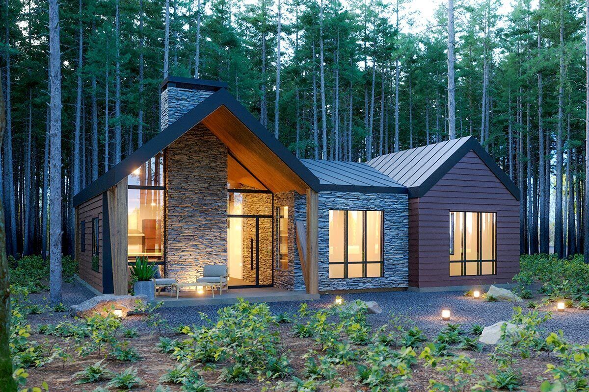 3-Bedroom One-Story Modern Mountain House with Stacked Stone Fireplace ...