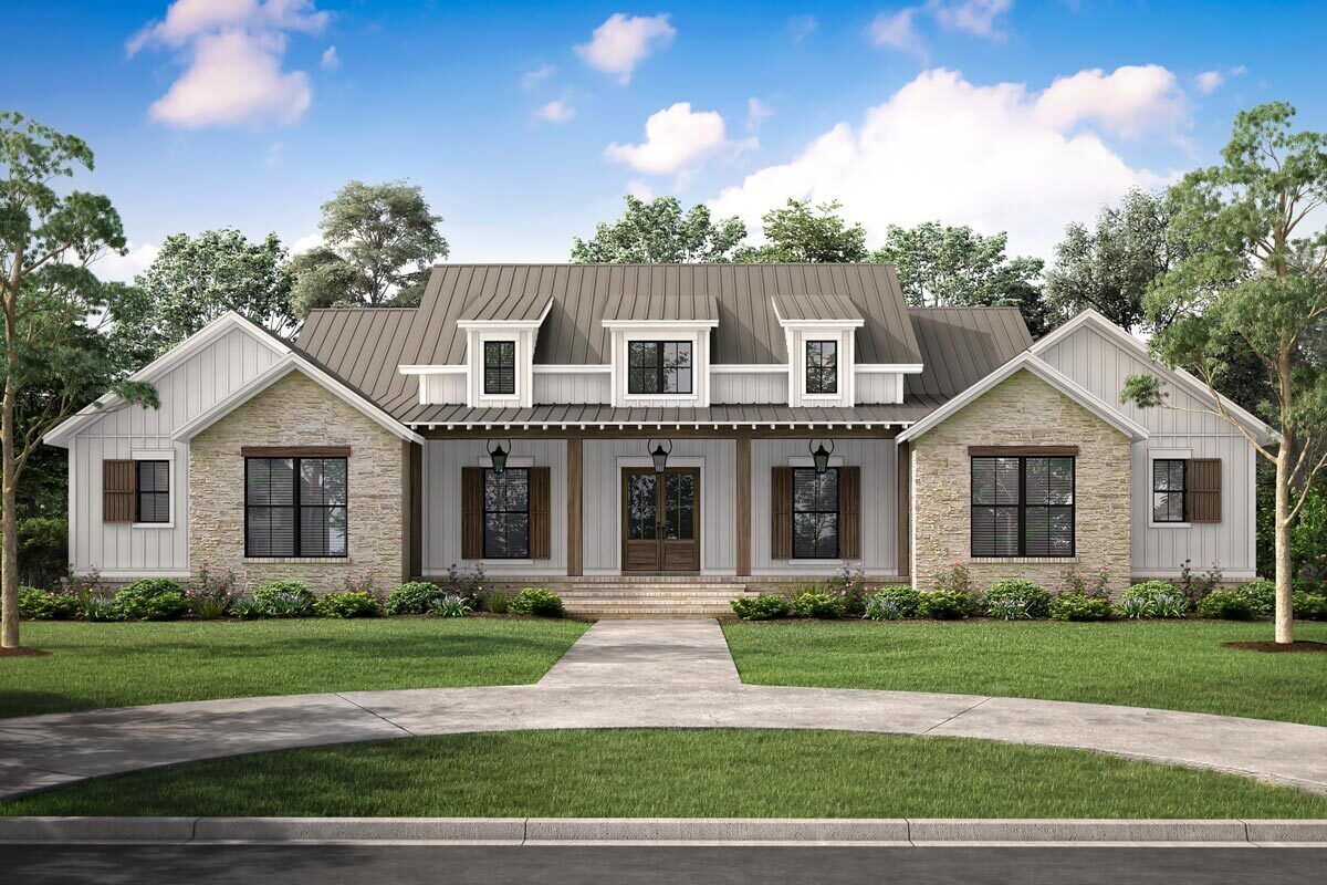 4-Bedroom 1-Story Modern Farmhouse with Symmetrical Facade (Floor Plan)