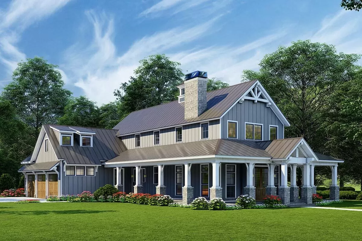 3-Bedroom 2-Story Rustic Home With Wraparound Porch, 2-Story Great Room ...