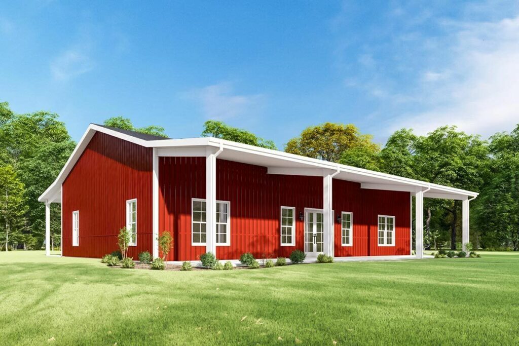 3-Bedroom One-Story Country Style Barndominium House with Dual Covered ...