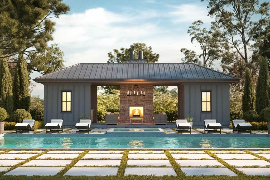 Single-Story Farmhouse Style Pool House with a Contemporary Vibe and ...