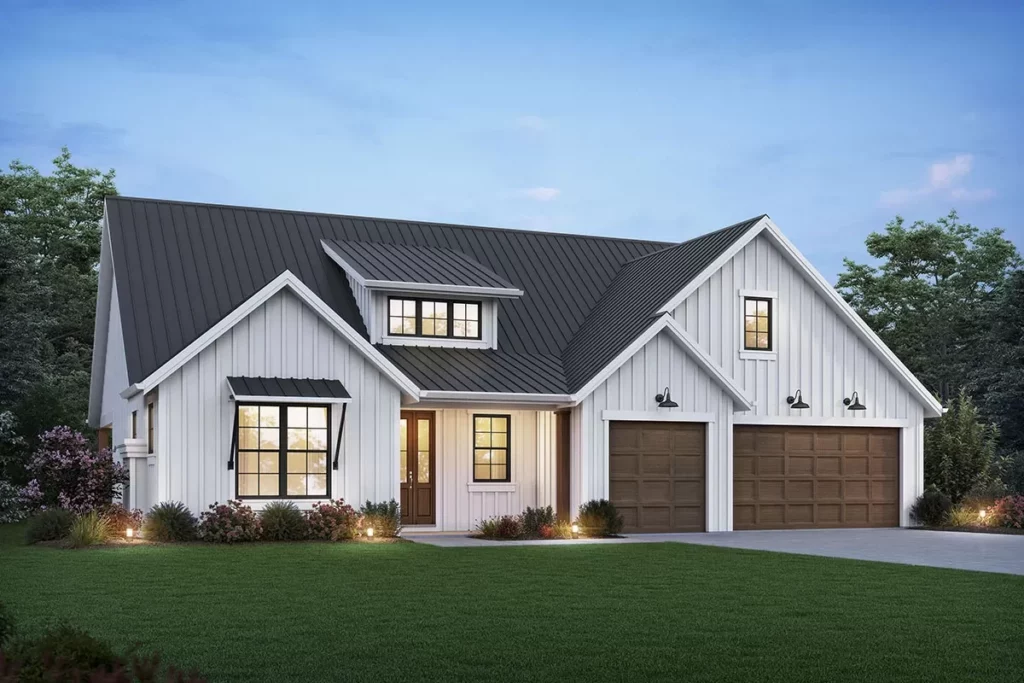 One-Story 3-Bedroom New American Farmhouse with Staggered 3-Car Garage ...