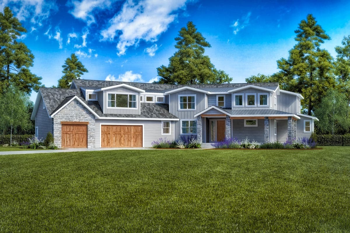 5 Bedroom 2 Story Country Craftsman with Angled 3-Car Courtyard Garage ...