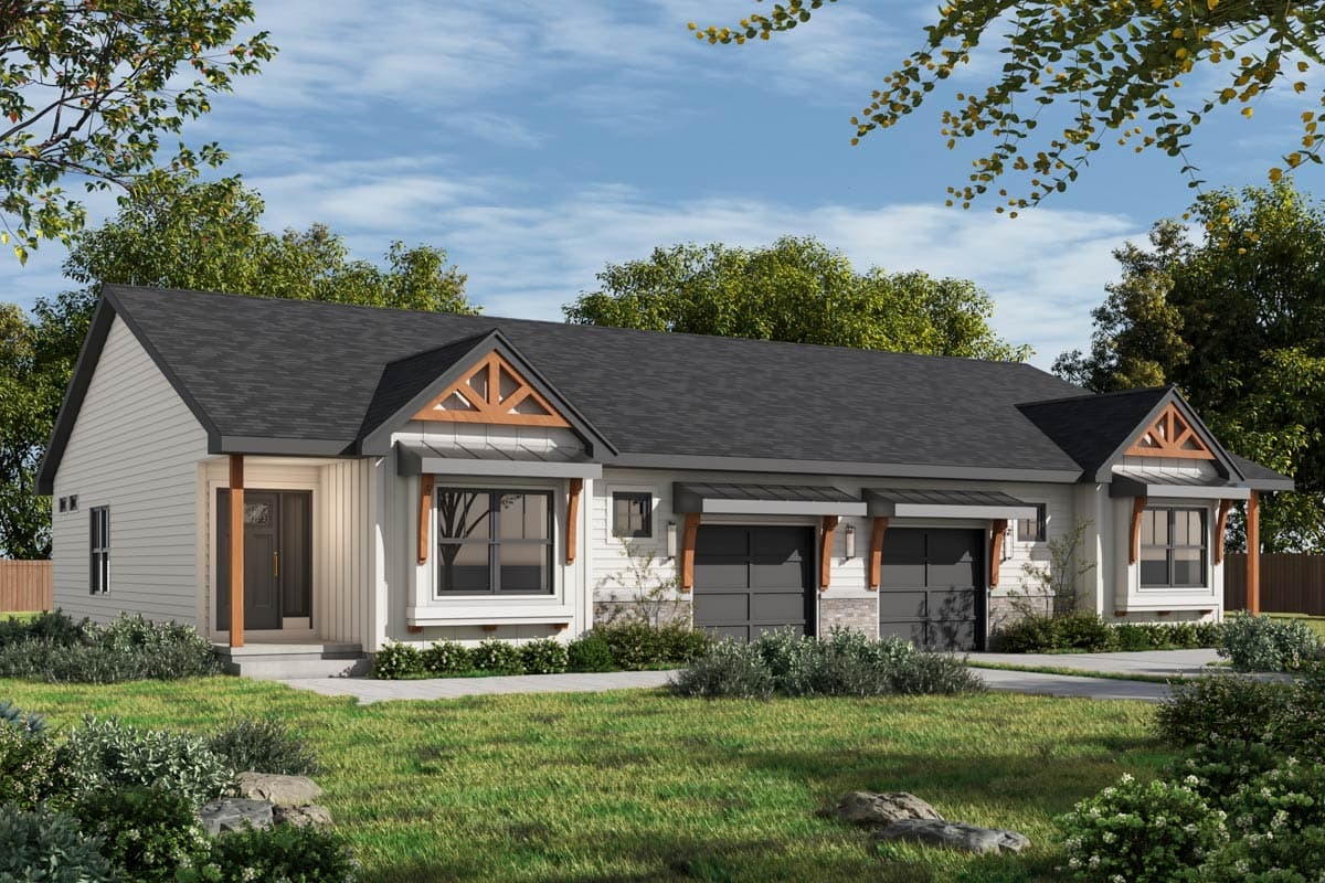 4-Bedroom 1-Story Modern Craftsman Duplex with Split Bedrooms and Home ...